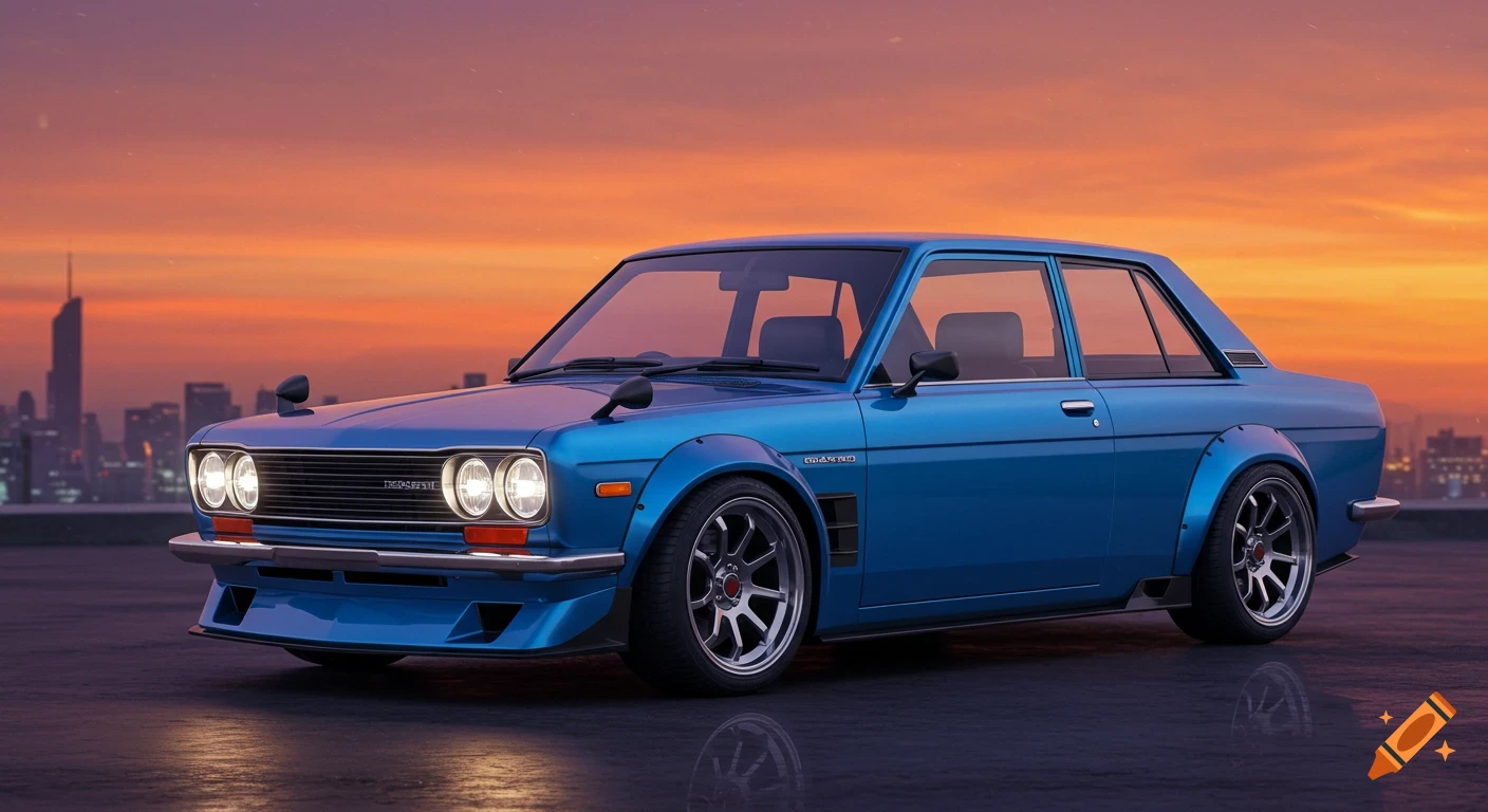 Blue Datsun 510 car parked against a city skyline at sunset, digital ...