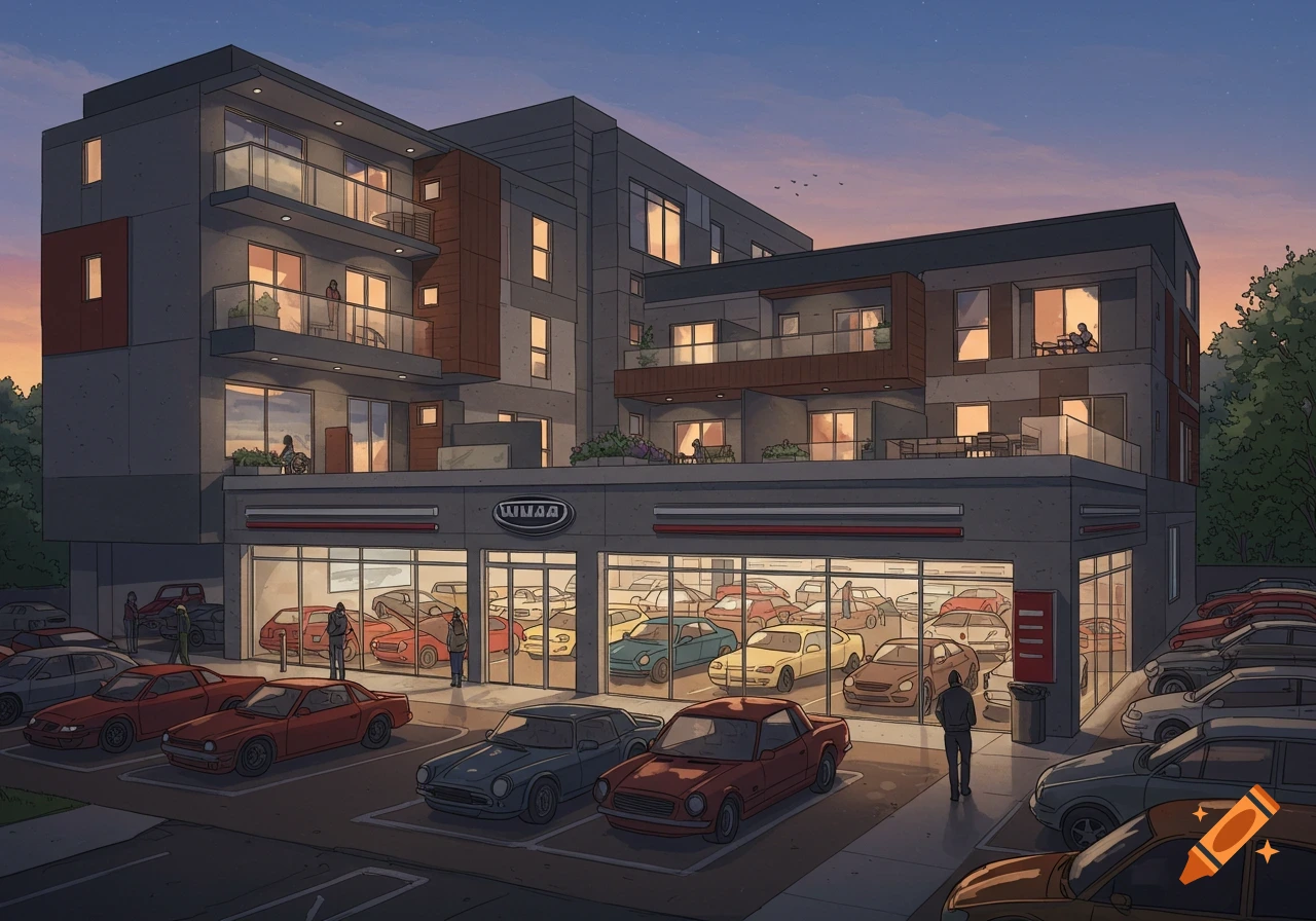 Illustrated view of a car dealership with apartments above at dusk ...