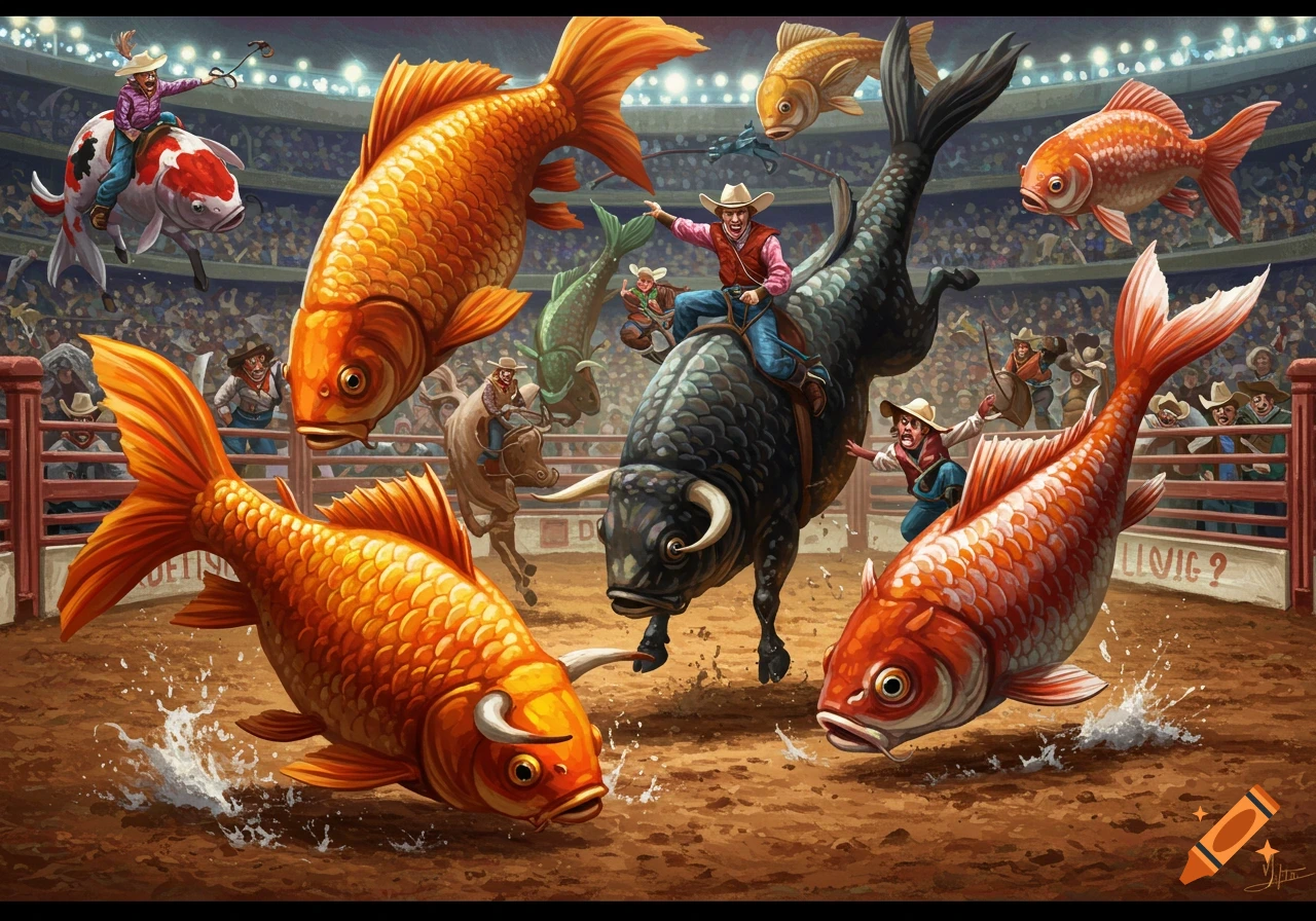 A surreal illustration of cowboys riding giant fish in a rodeo arena ...