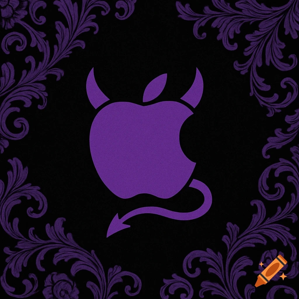 Purple devil Apple logo on black with ornate purple corner patterns. on Craiyon