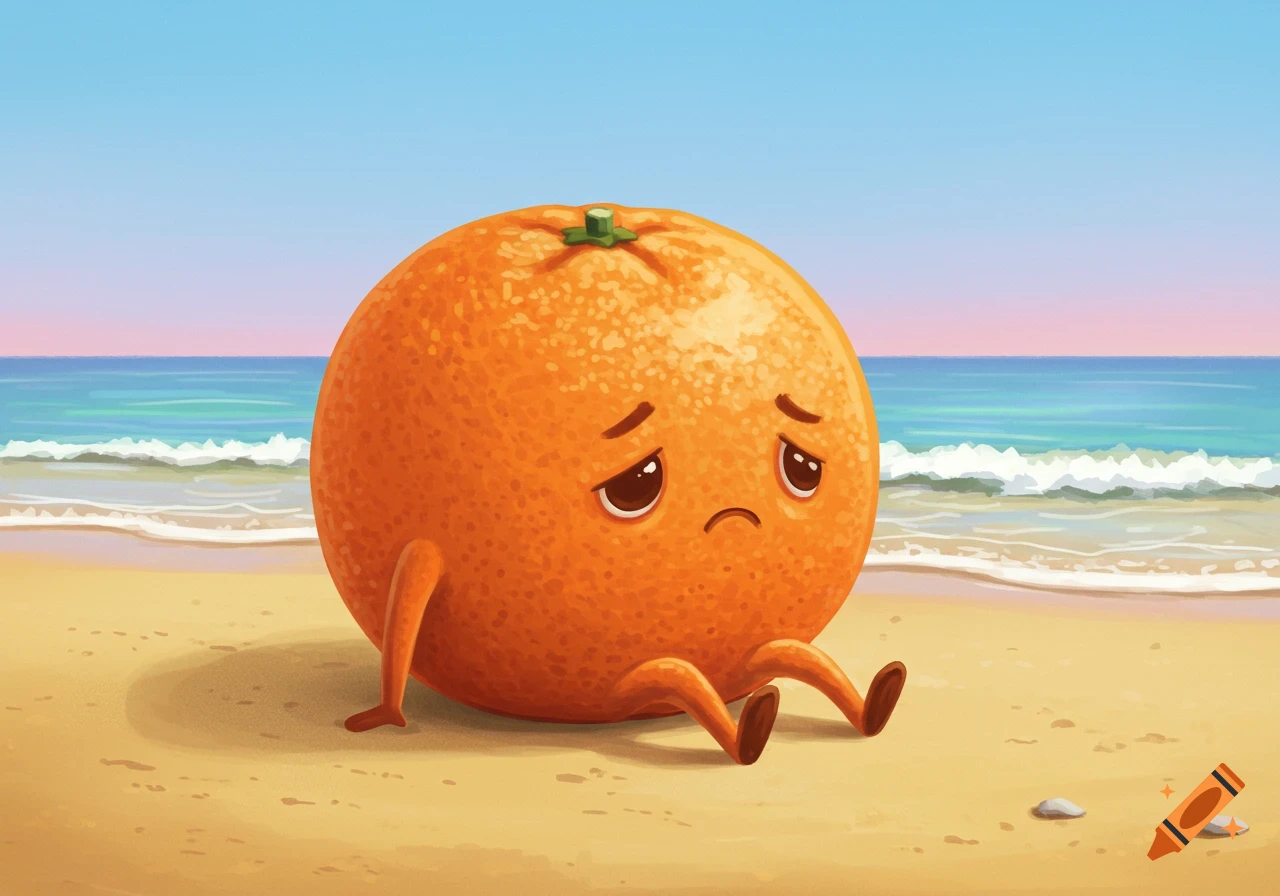 A cute, sad cartoon orange character sits on a beach. on Craiyon