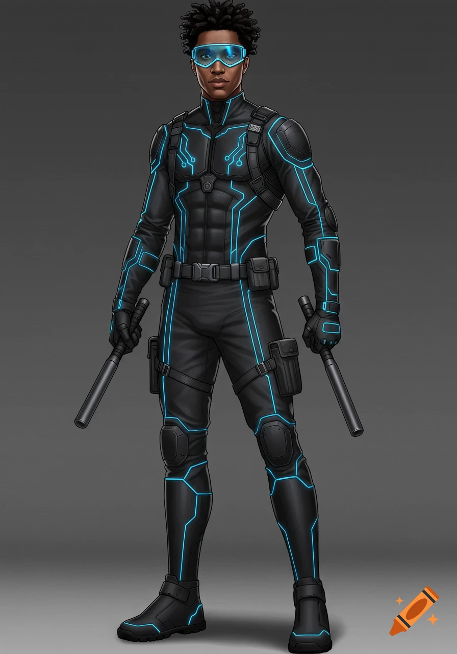 A man in a black suit with glowing blue circuit lines holds batons ...