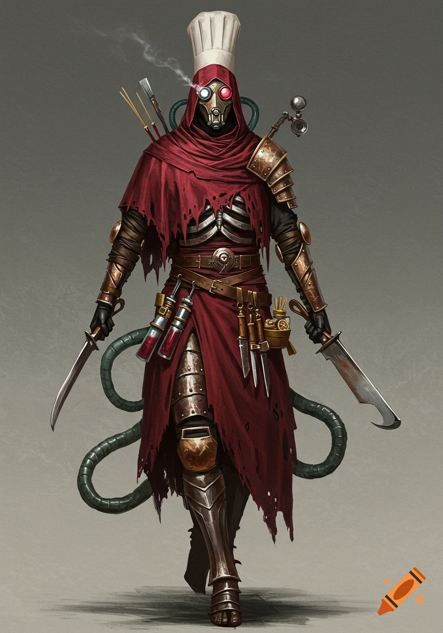 Fantasy character in chef hat, red cloak, and armor holding knives ...