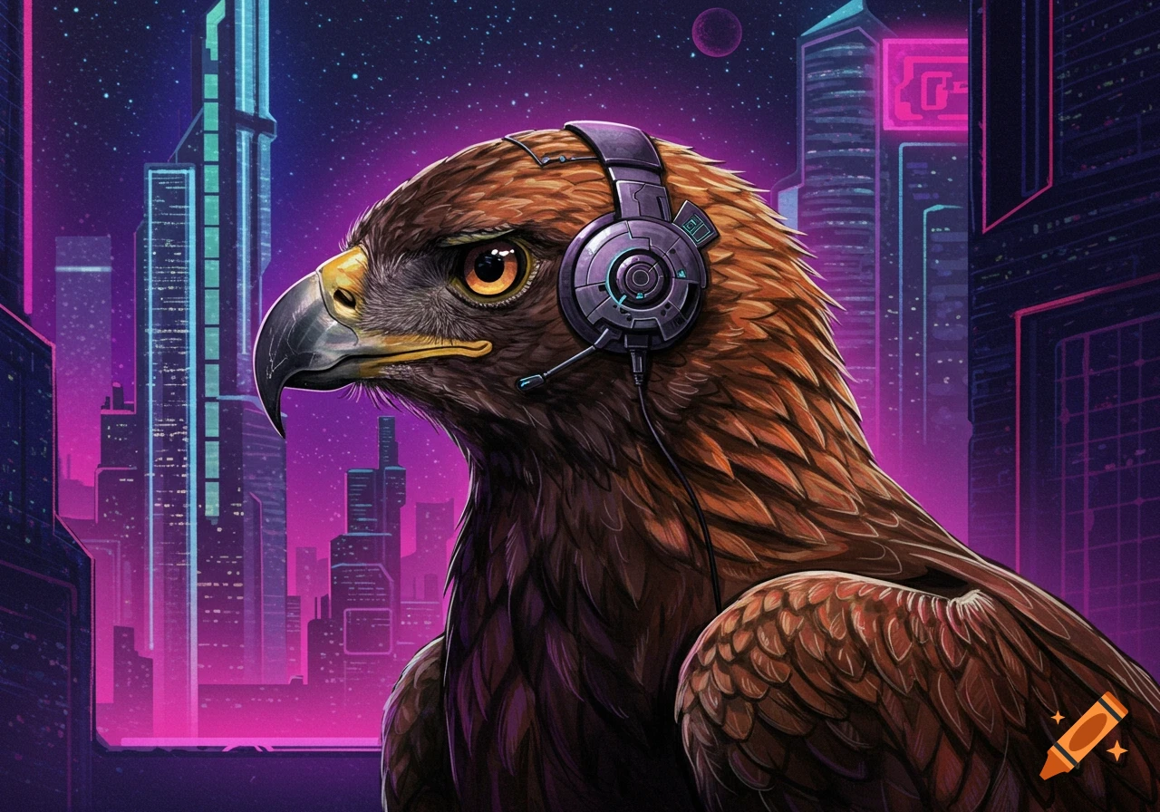 A drawing of a sentient bird of prey wearing a futuristic headset in a ...