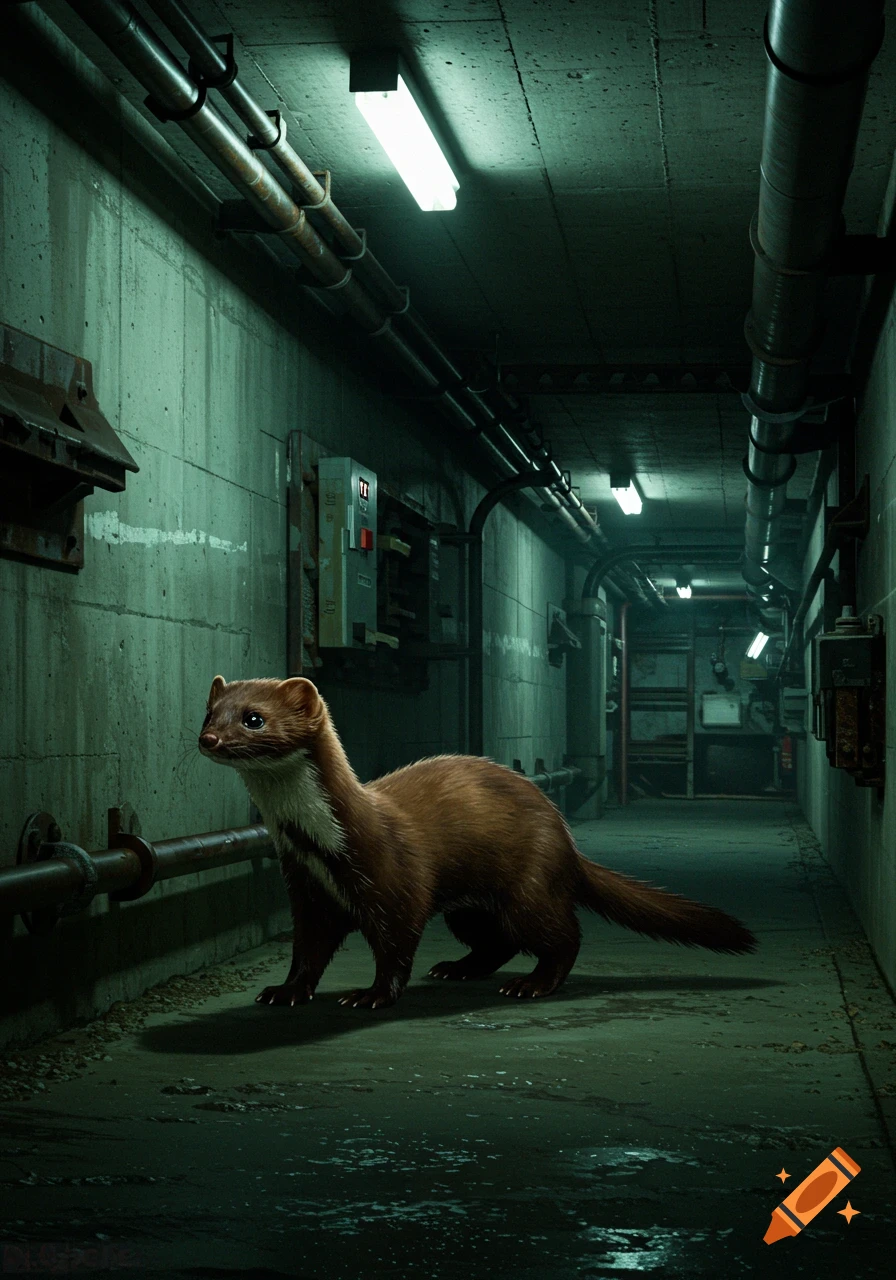 A stoat stands in a dark, industrial bunker corridor. on Craiyon