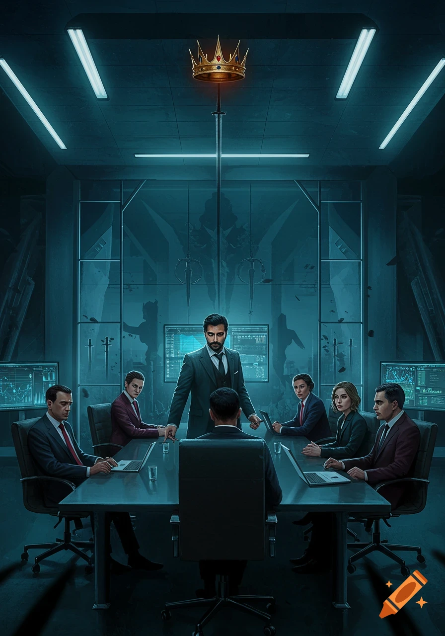 A dramatic image of a corporate business meeting with a crown floating ...