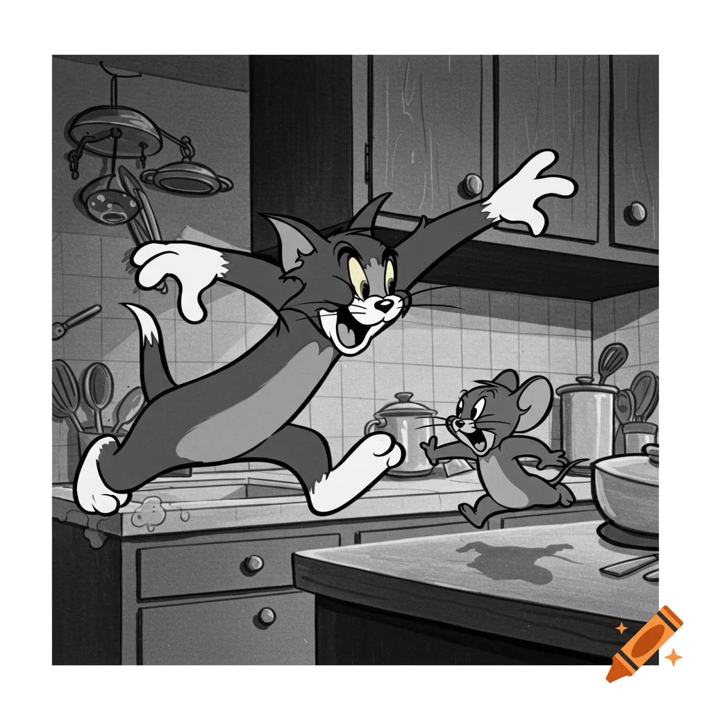 Tom the cat chasing Jerry the mouse through a kitchen in black and ...