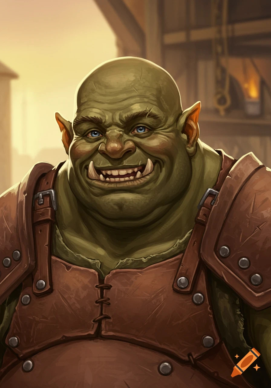 A digital painting portrait of a smiling bald, chubby green-skinned ...