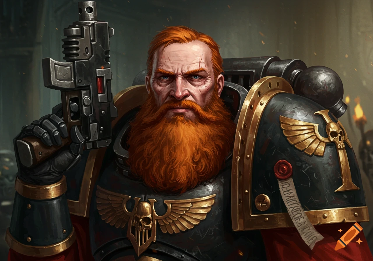 A bearded Warhammer 40k Space Marine with a gun in a grimdark setting ...