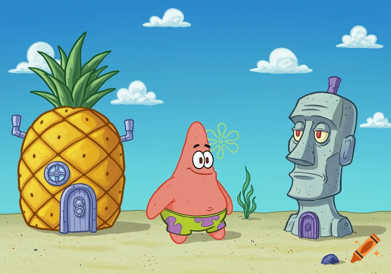 Cartoon image of Patrick Star standing between Spongebob's pineapple ...