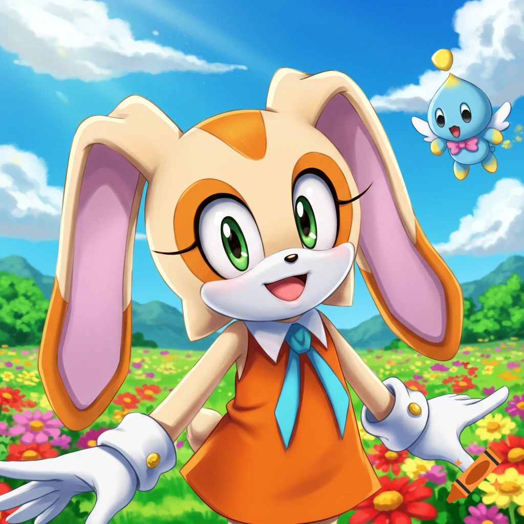 Cream the Rabbit and Cheese the Chao in a sunny flower field on Craiyon