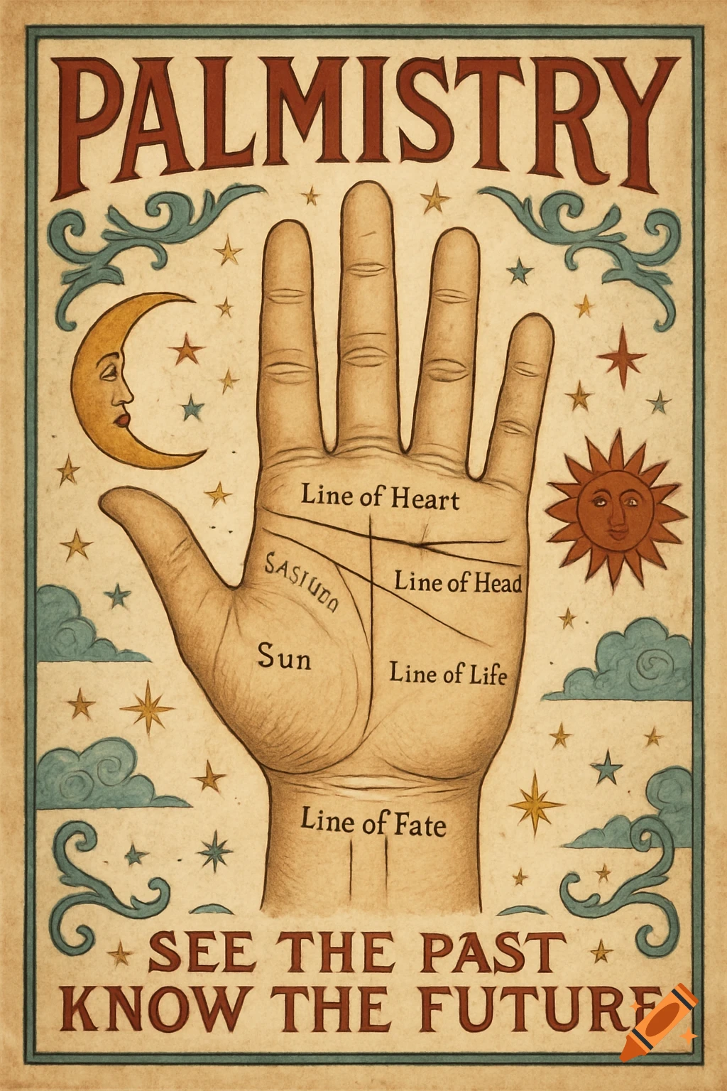 Vintage style palmistry poster showing lines on a hand, with sun, moon ...