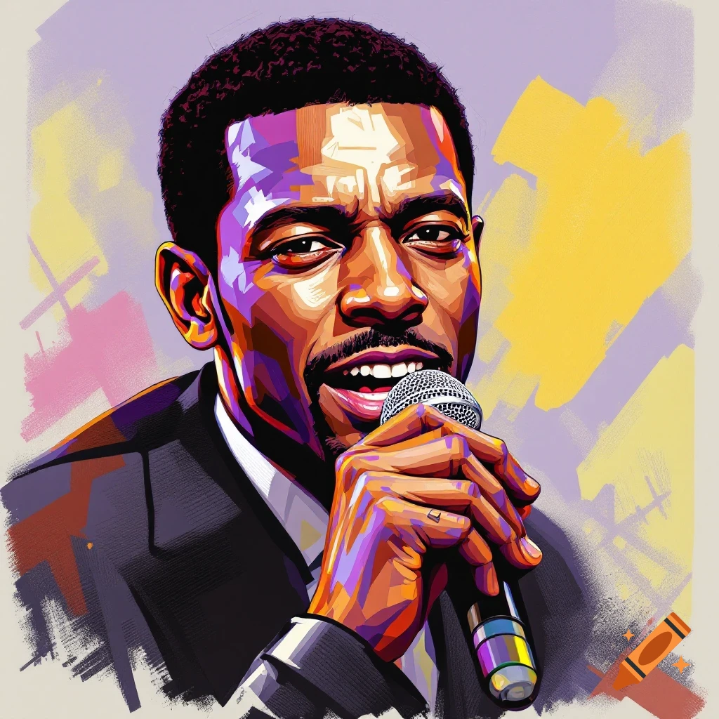 Abstract colorful portrait of a man speaking into a microphone on Craiyon