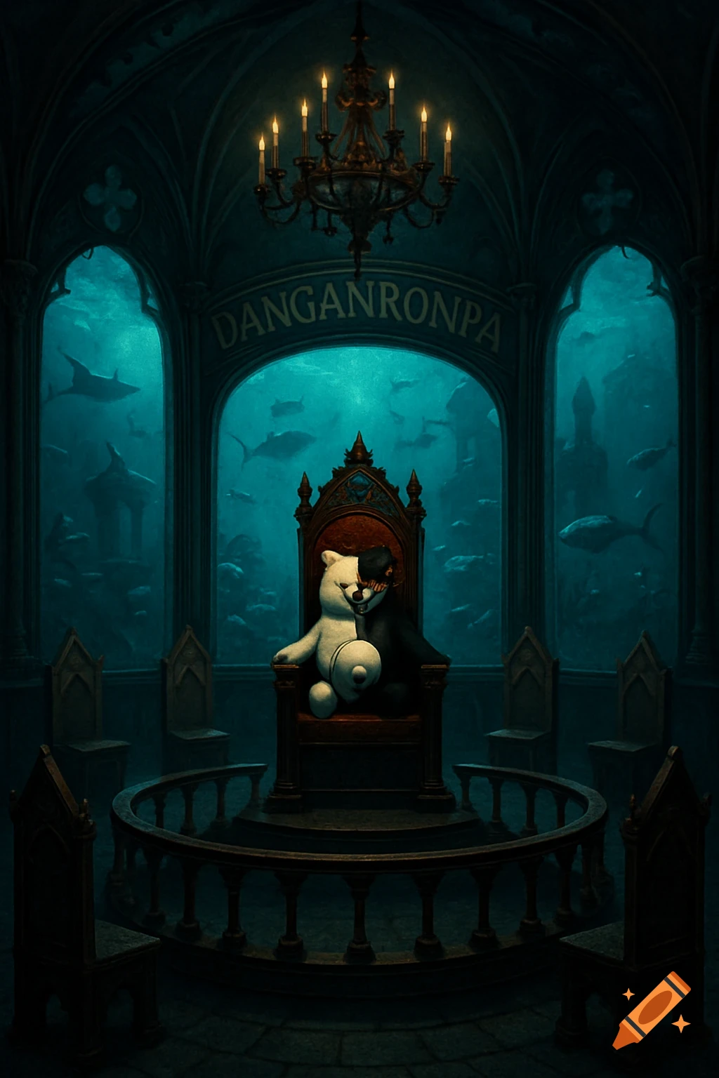 Monokuma sits on a throne in a gothic aquarium room with sharks visible ...