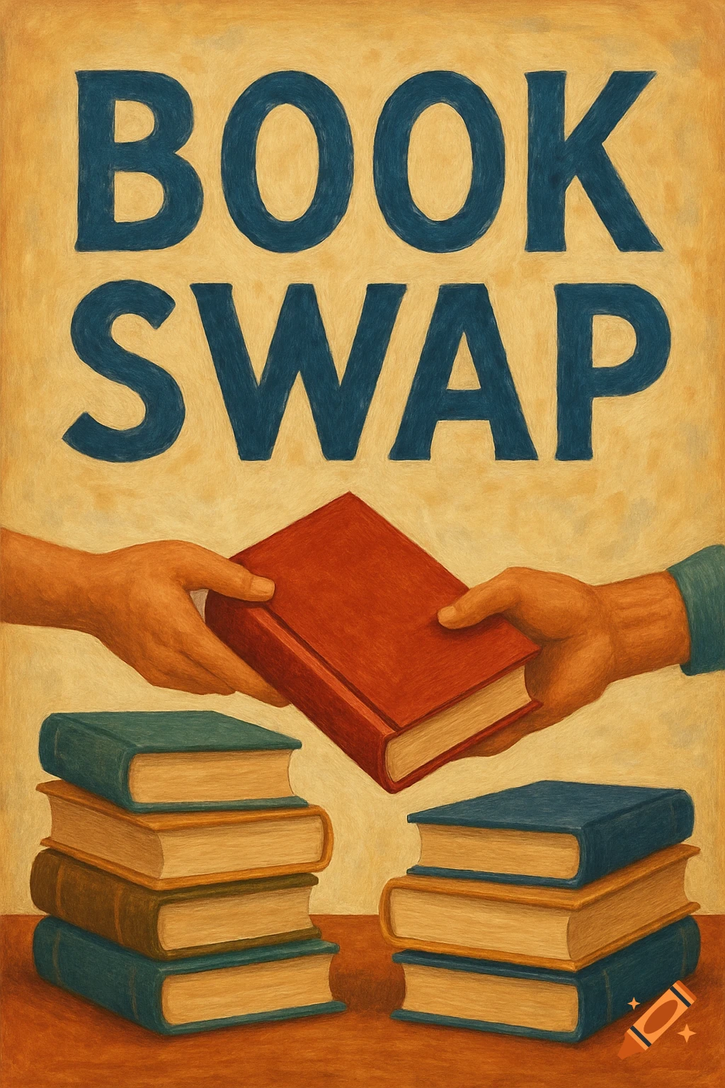 Illustration of two hands swapping a book, with stacks of books below ...