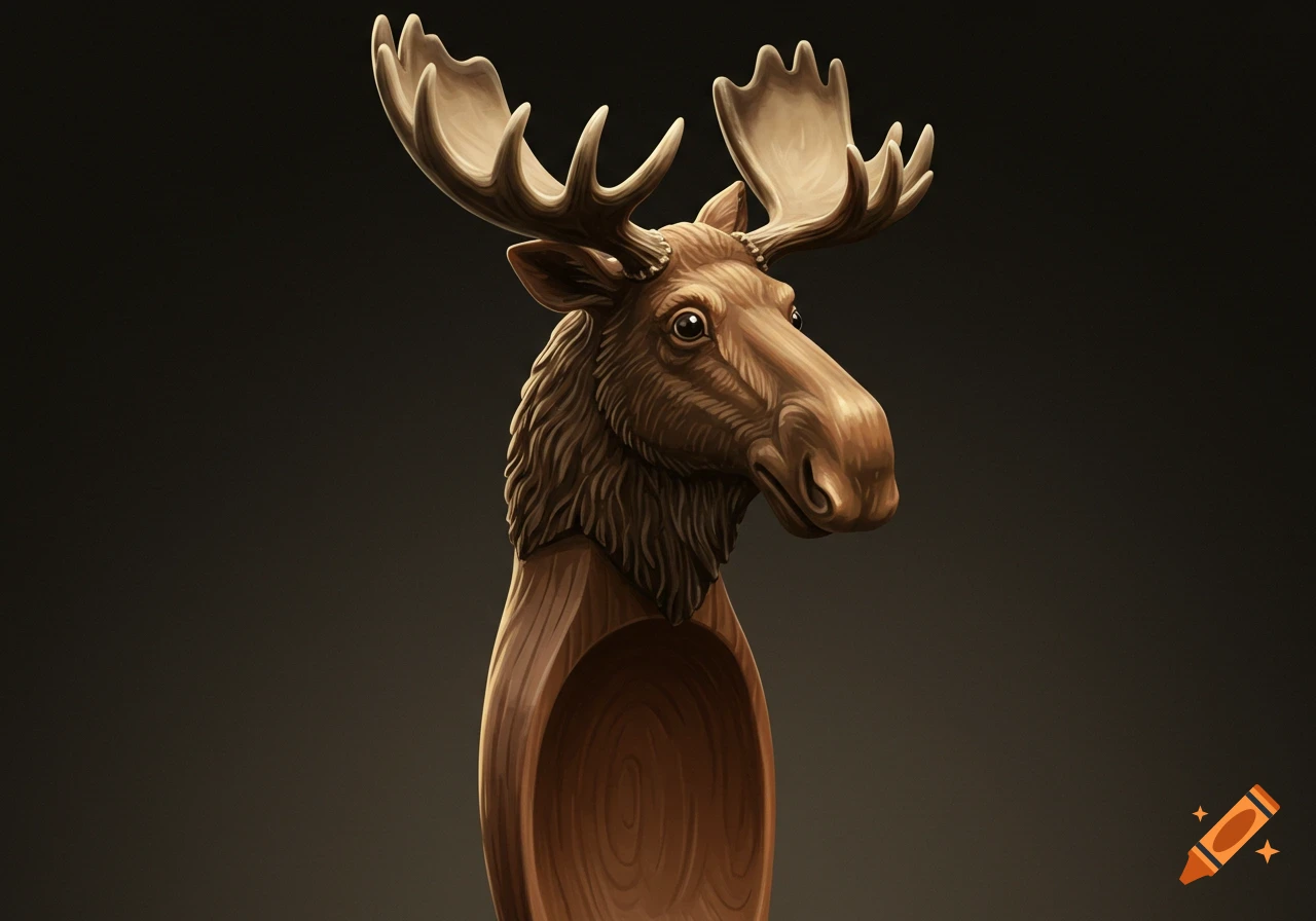 Wooden spoon with a moose head carving handle. on Craiyon
