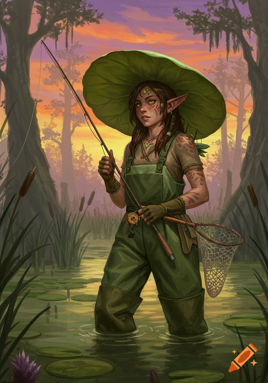 A half-elf fisherwoman wearing a lily pad hat and waders fishes in a ...
