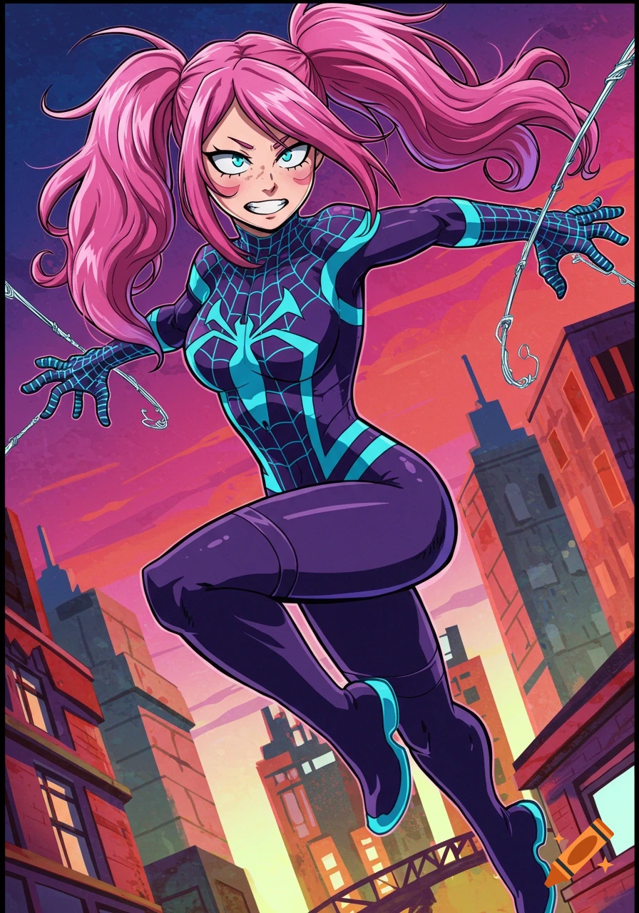 Pink-haired female superhero in purple spider-suit swinging through ...