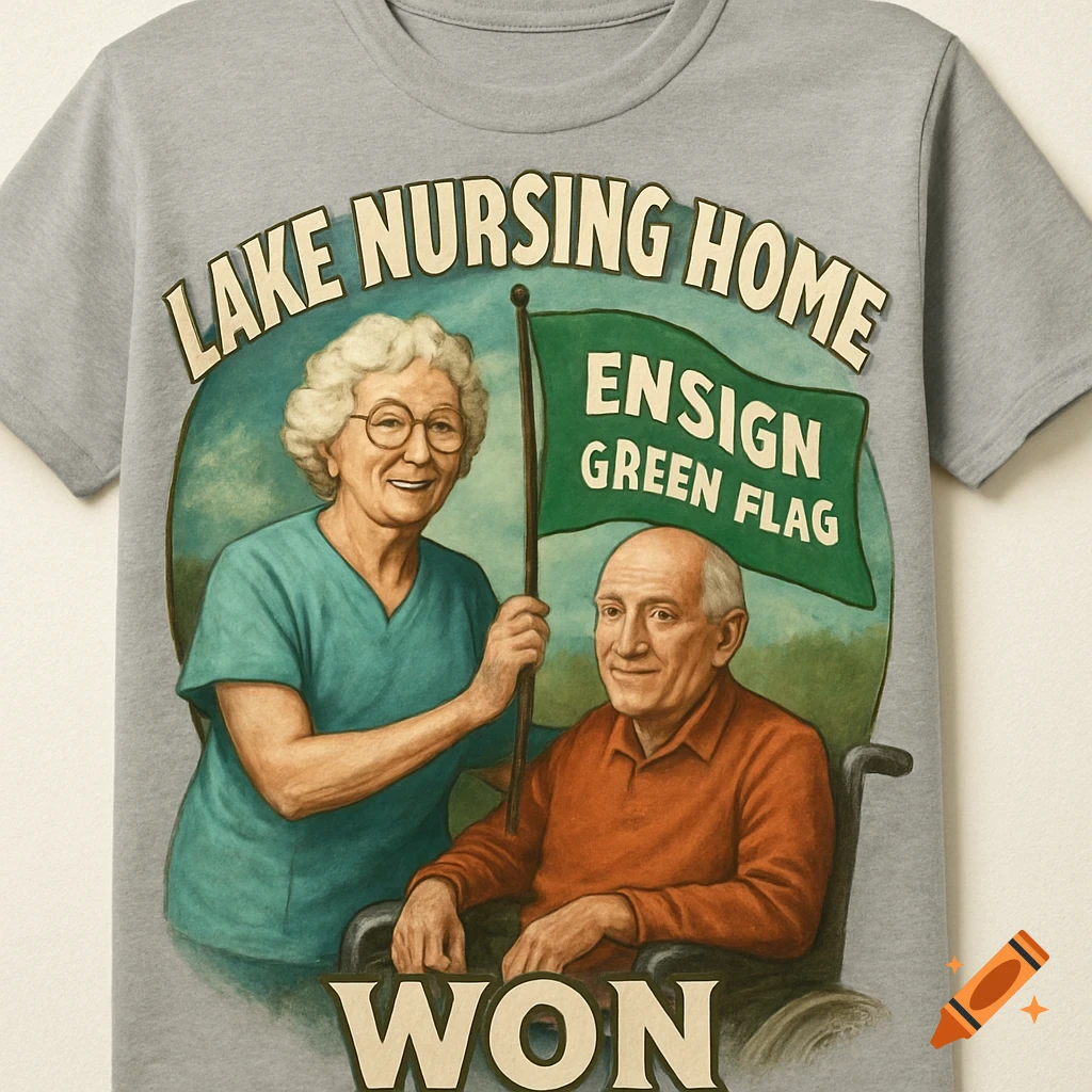 Illustration on a t-shirt of elderly woman and man in wheelchair with green flag. Text: 'LAKE ...