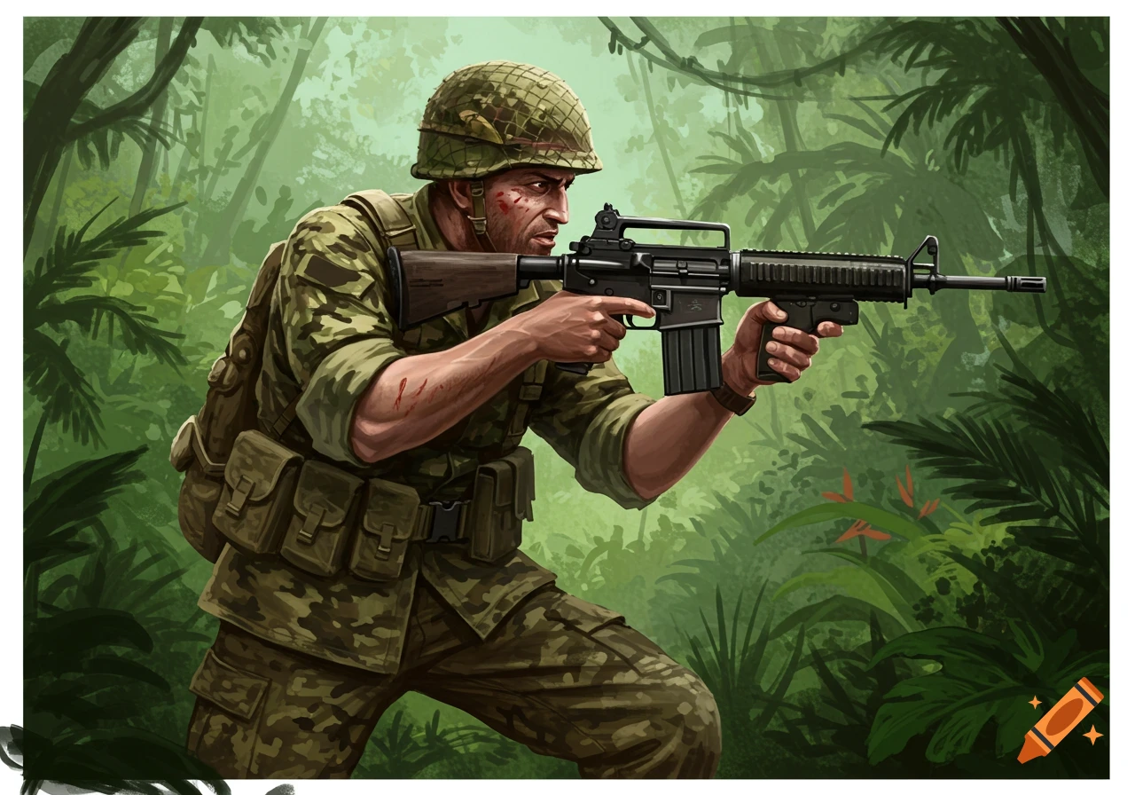 Digital painting of a soldier in camouflage aiming a rifle in a jungle ...