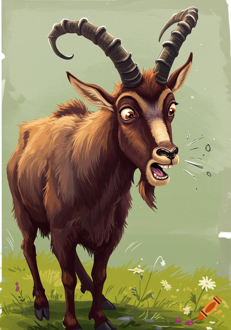 Cartoon illustration of a brown goat buck snorting in a grassy field ...