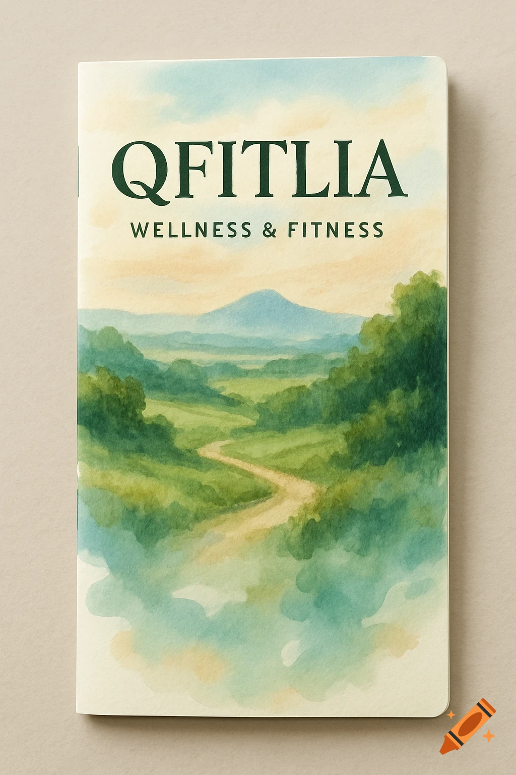 Notebook cover with a watercolor landscape illustration and text ...