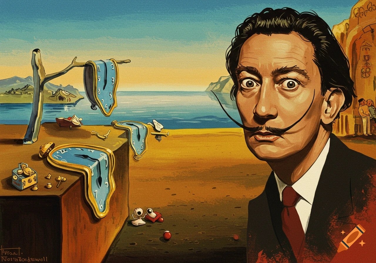 Portrait of Salvador Dali with melting clocks in a landscape, painted ...