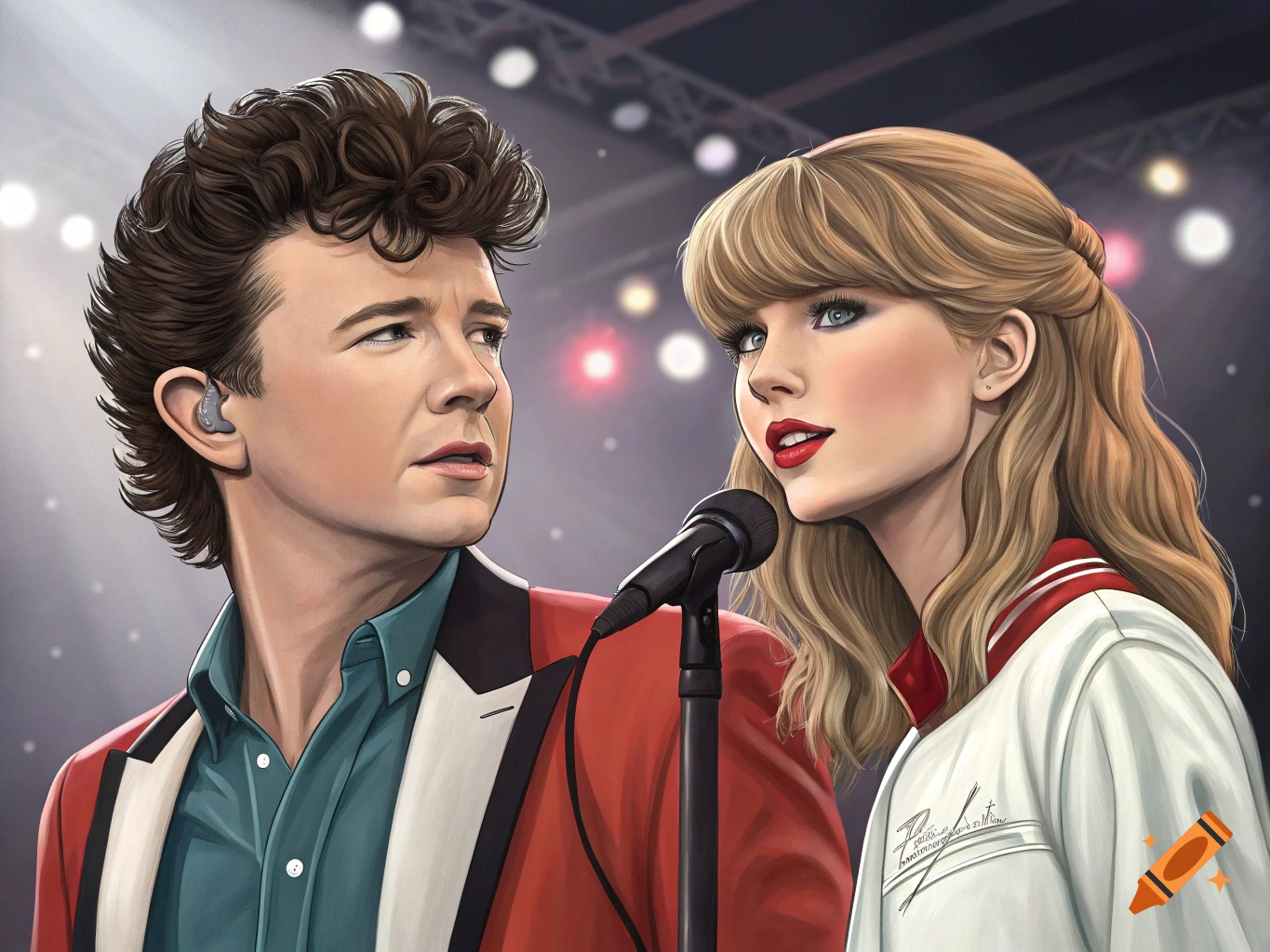 A stylized portrait of Rick Astley and Taylor Swift singing together on ...
