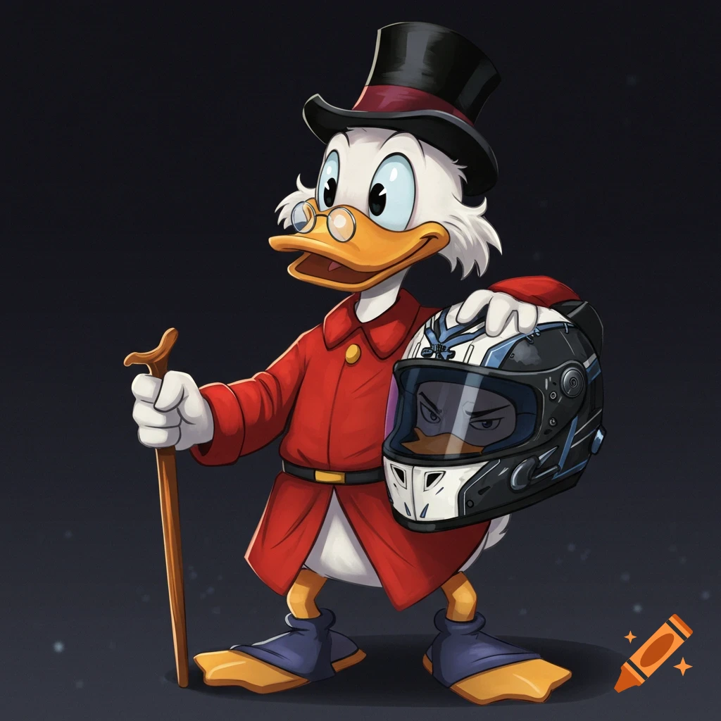 Scrooge McDuck in a red coat and top hat holds a racing helmet and cane ...