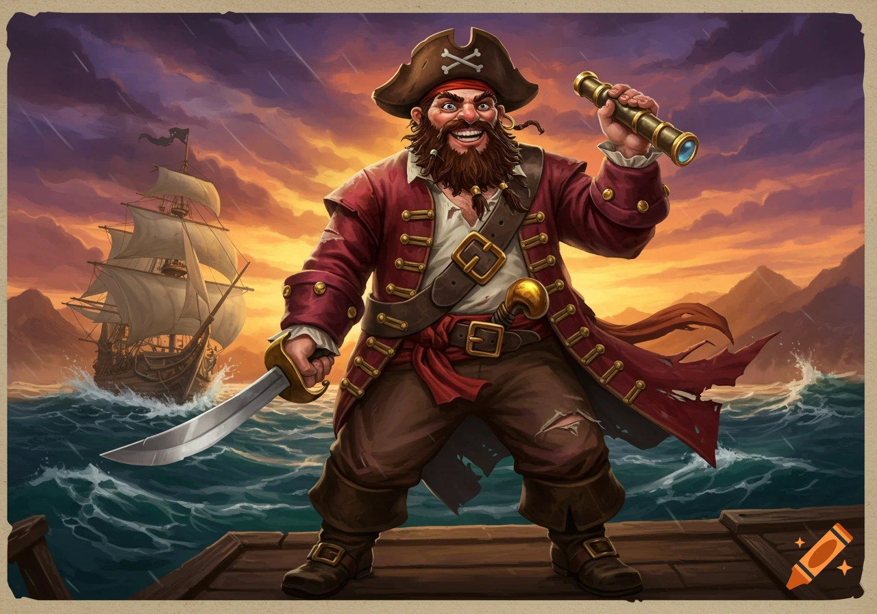 Stylized illustration of a smiling pirate captain with a sword and ...
