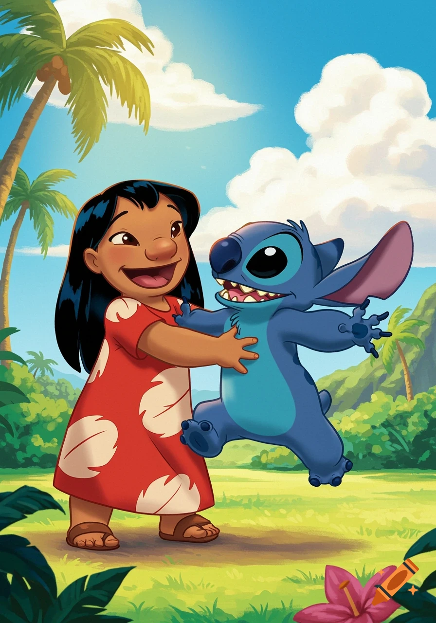 Lilo and Stitch hug happily in a sunny tropical setting with palm trees ...