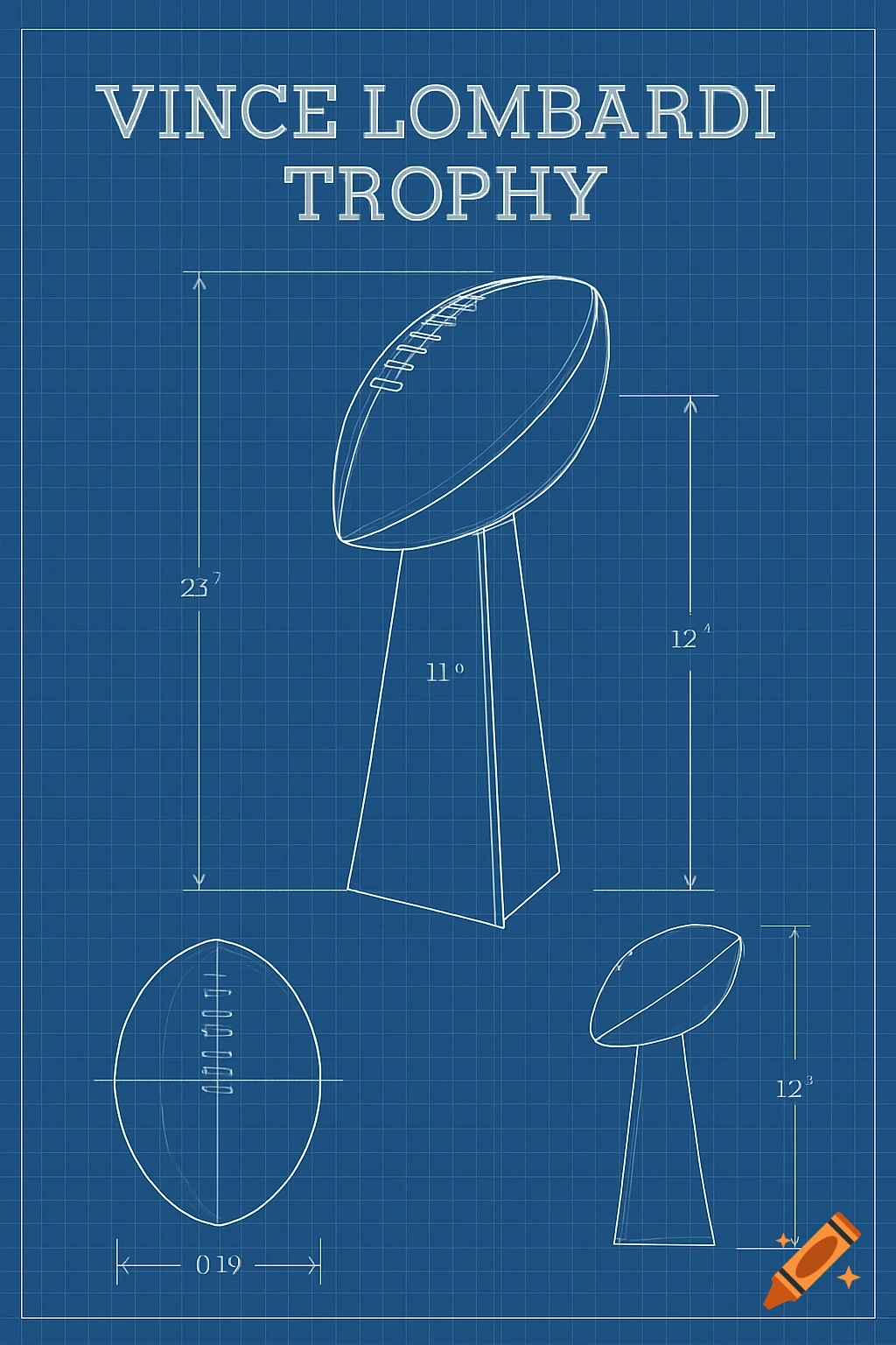 Blueprint drawing of the Vince Lombardi Trophy with dimensions. on Craiyon
