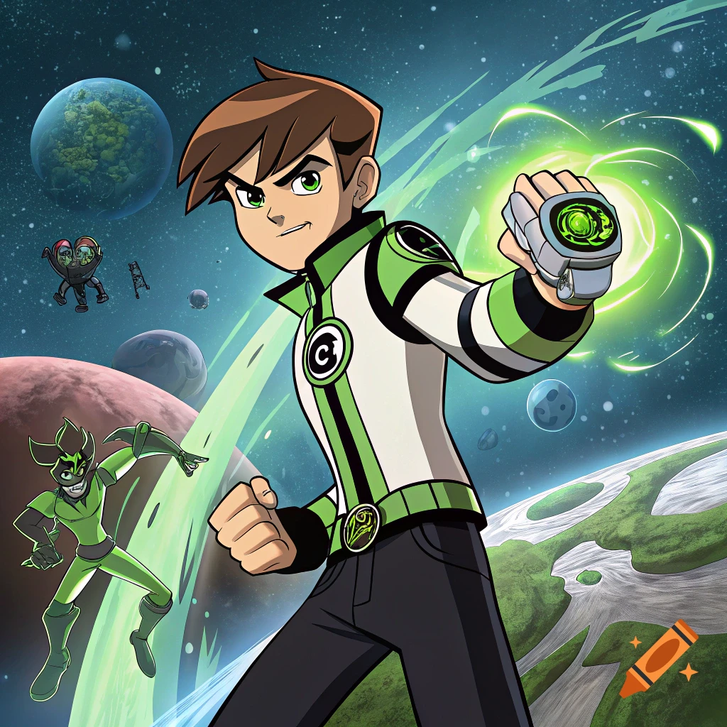 Cartoon Ben 10 in space holds up his glowing Omnitrix. on Craiyon
