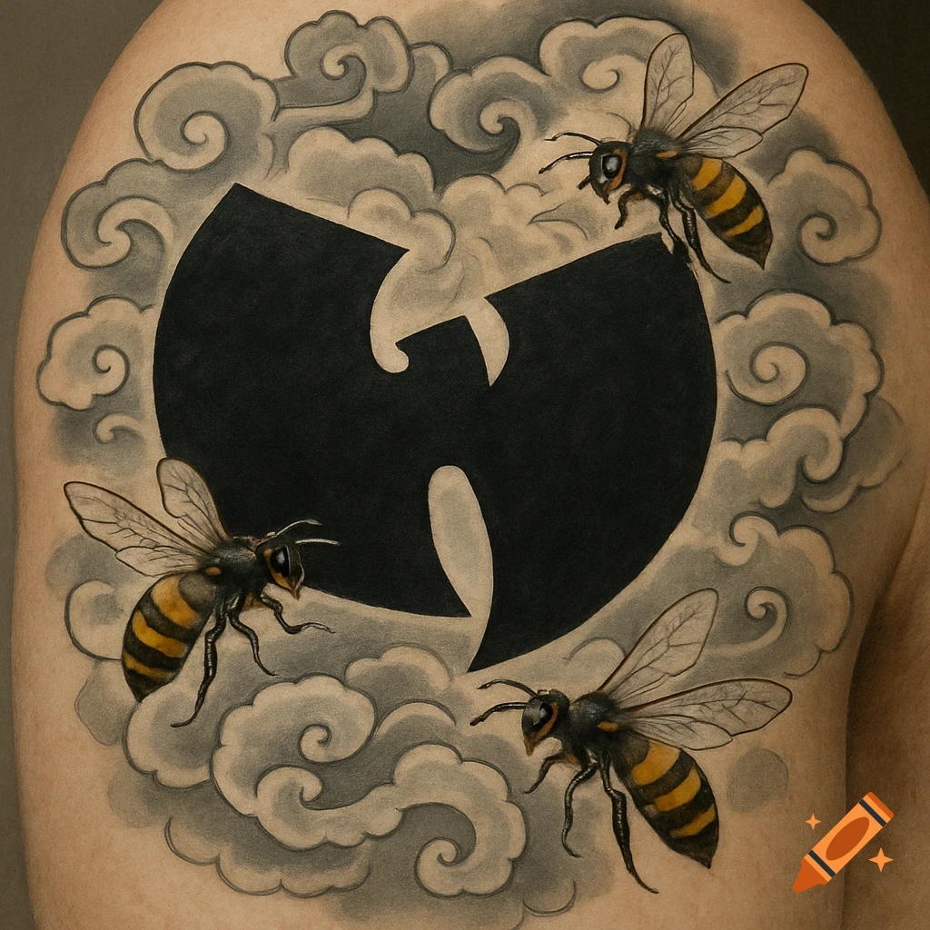 Tattoo On An Arm Of The Wu Tang Clan Logo With Japanese Clouds And Bees