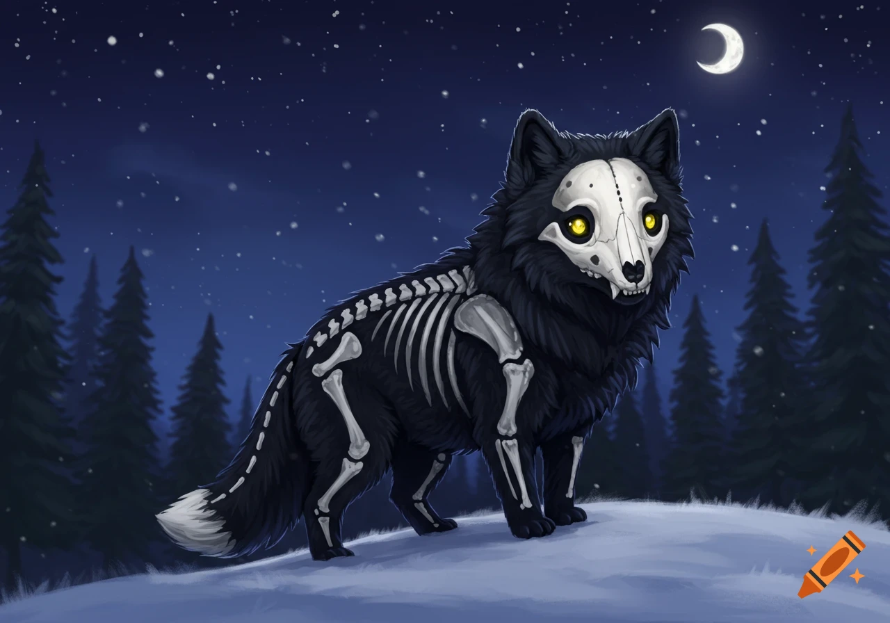 A digital illustration of a black wolf with white skeleton markings and ...