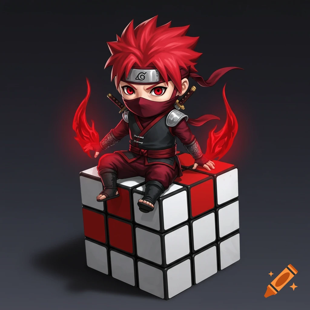 Chibi anime ninja with red hair sitting on a Rubik's cube on Craiyon