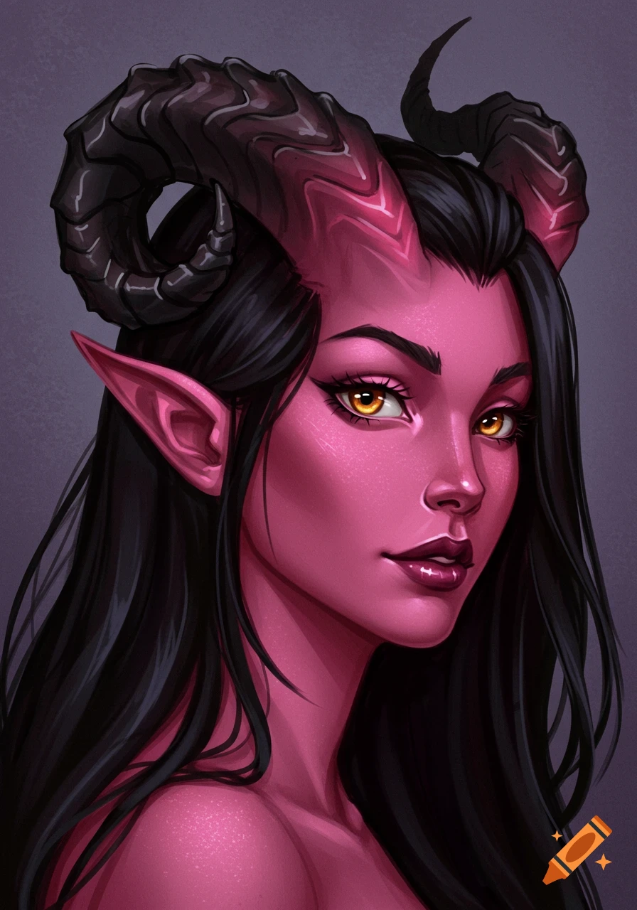 Digital portrait of a Tiefling with pink skin, black horns, and black ...
