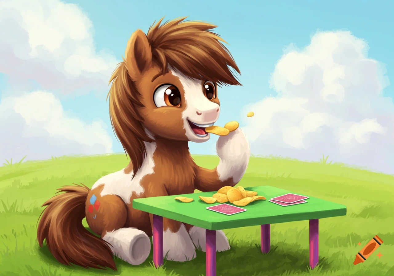 Cartoon pony eating chips at a table with playing cards in a grassy ...