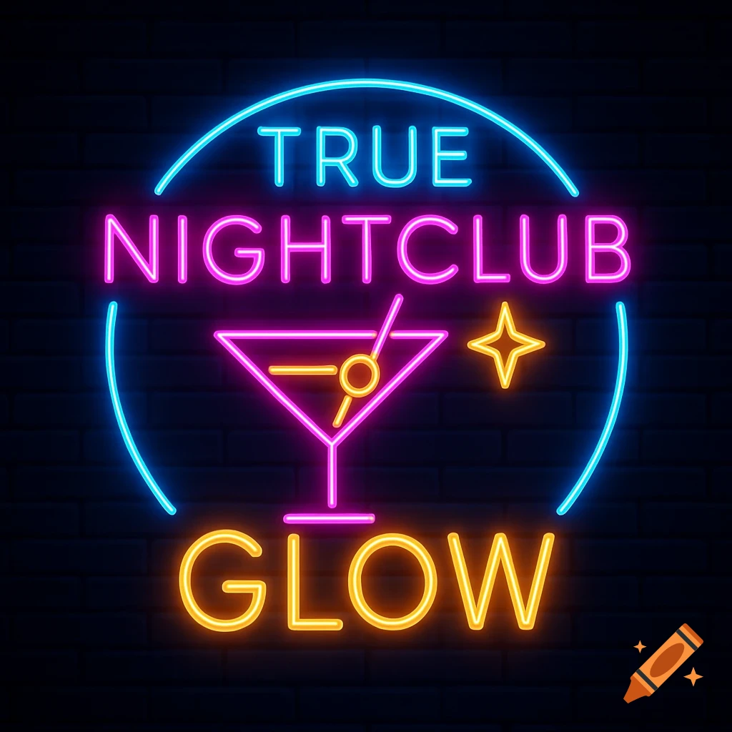A neon sign logo for 'True Nightclub Glow' with a cocktail glass icon ...