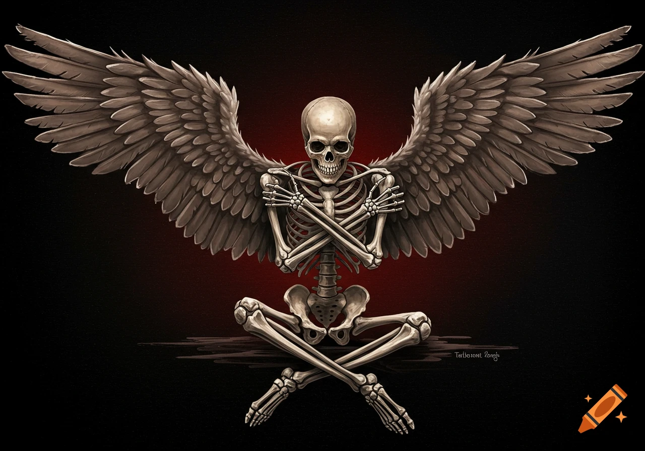 A skeleton with large wings sits cross-legged against a dark red ...