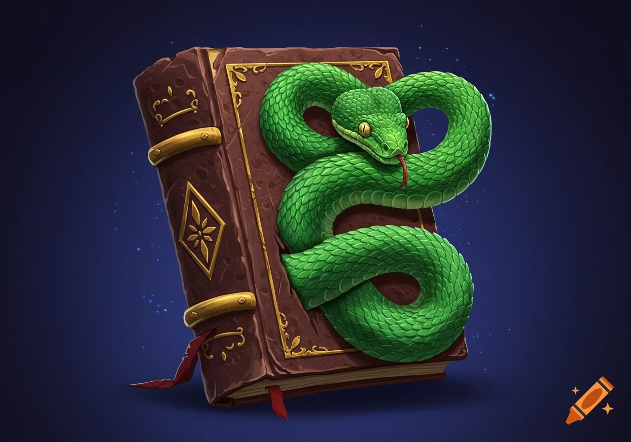 A green snake is coiled around an ornate brown book. on Craiyon