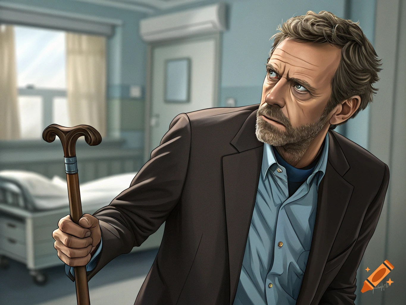 Portrait of Dr. House holding a cane in a hospital room, digital art ...