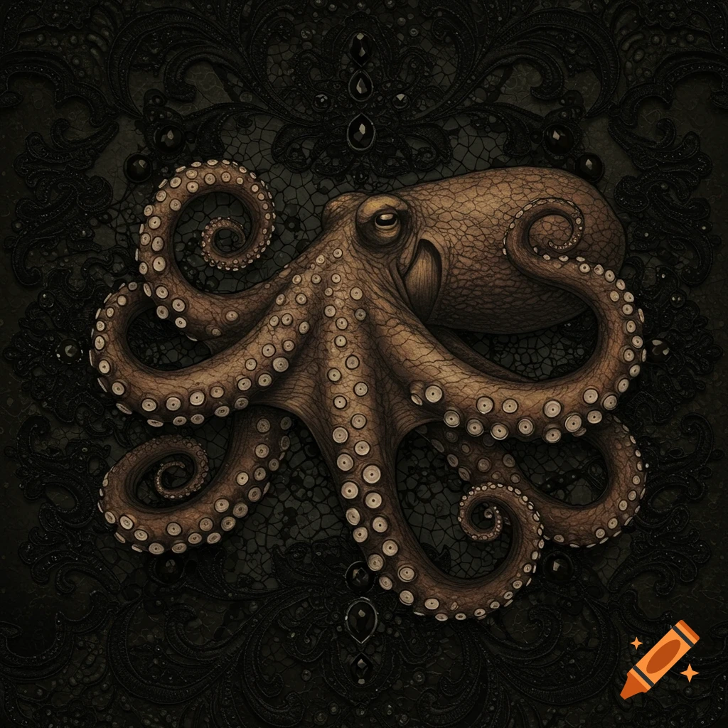 Detailed illustration of a brown octopus on a dark gothic lace ...