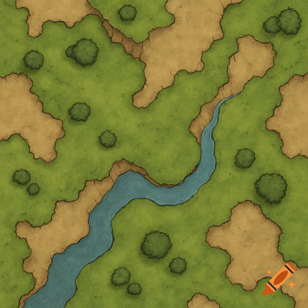 Top-down map of a landscape with a winding river, trees, grass, and ...