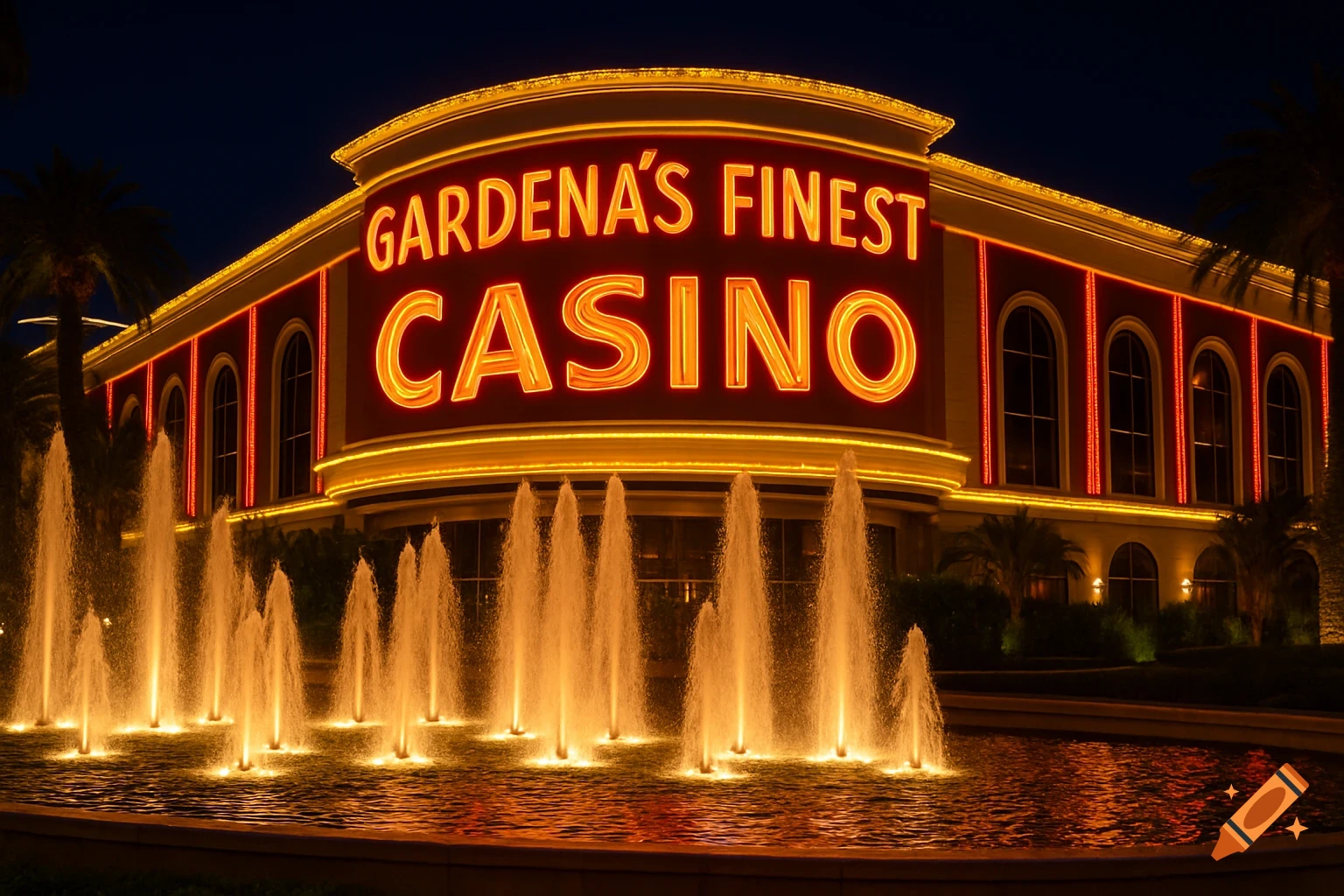 Night view of a casino building with bright neon signs and fountains ...