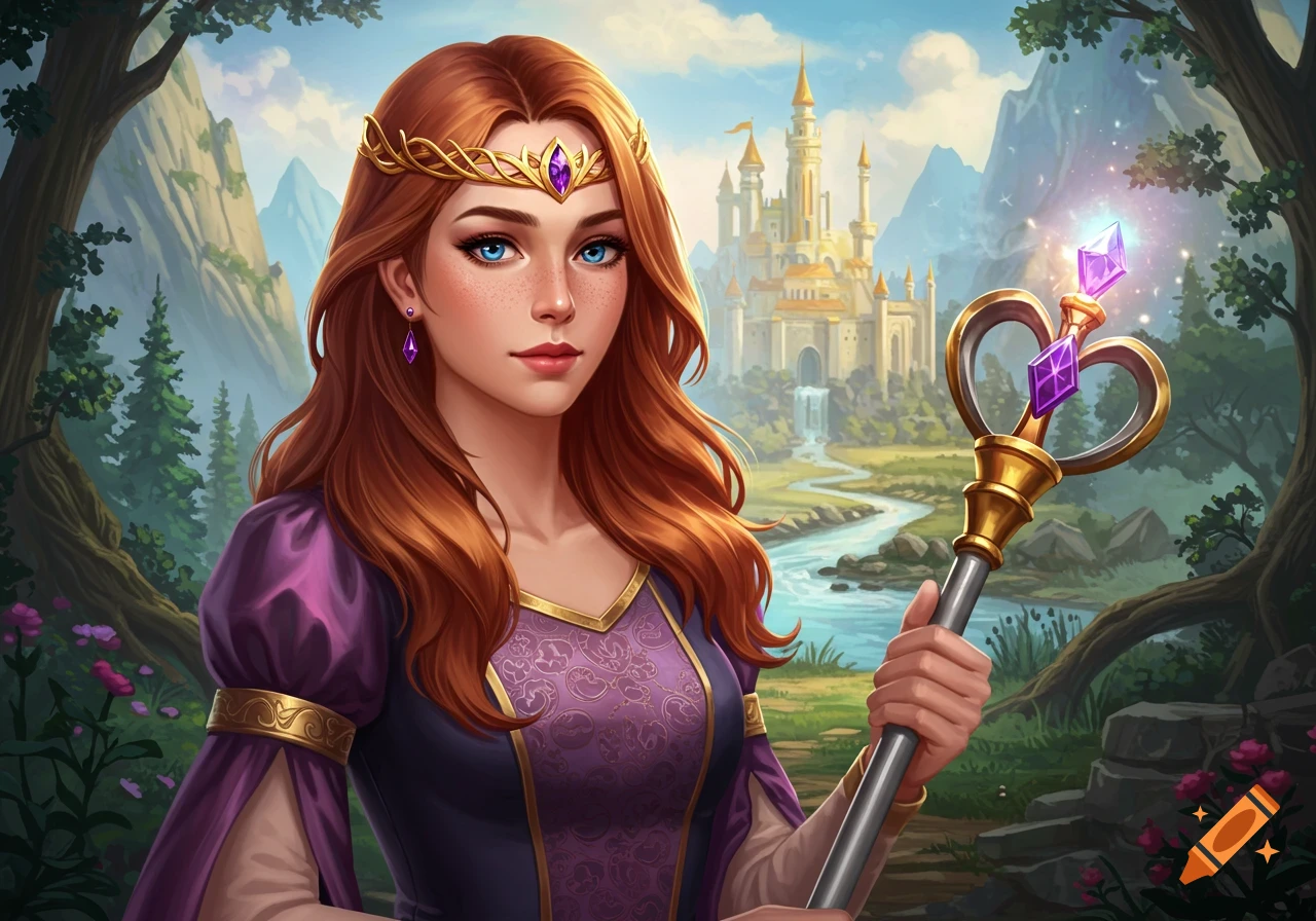 A red-haired princess holding a jeweled staff stands before a castle in ...