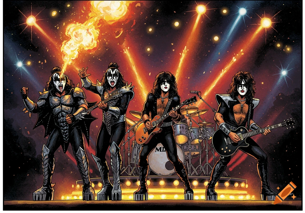 Four members of the band KISS on stage in comic book style. on Craiyon