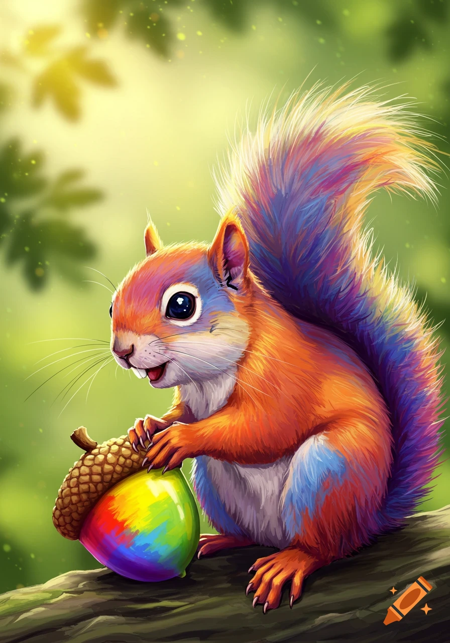 A colorful squirrel sits on a branch, holding a rainbow acorn. on Craiyon