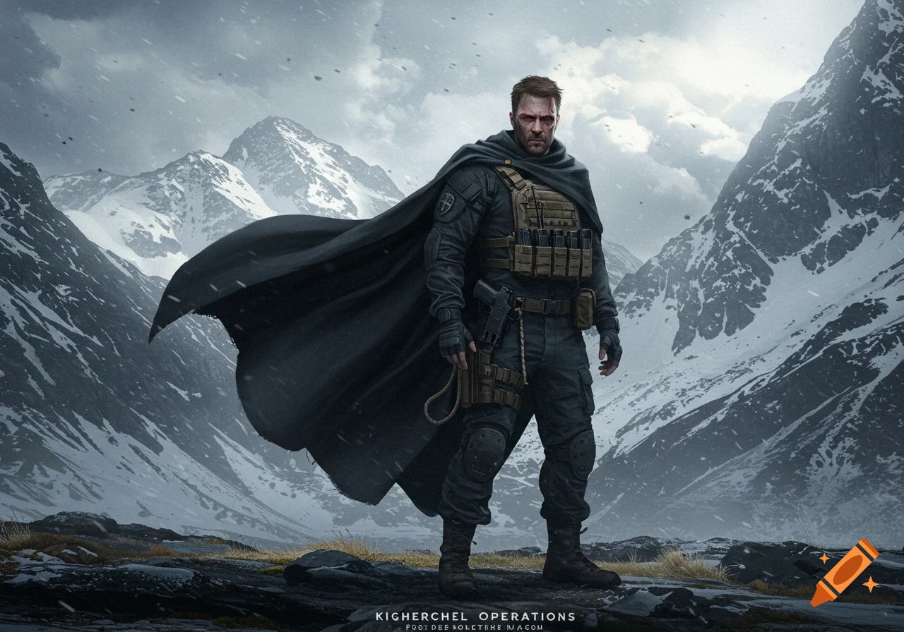 Soldier with cape and tactical gear standing in snowy mountains ...