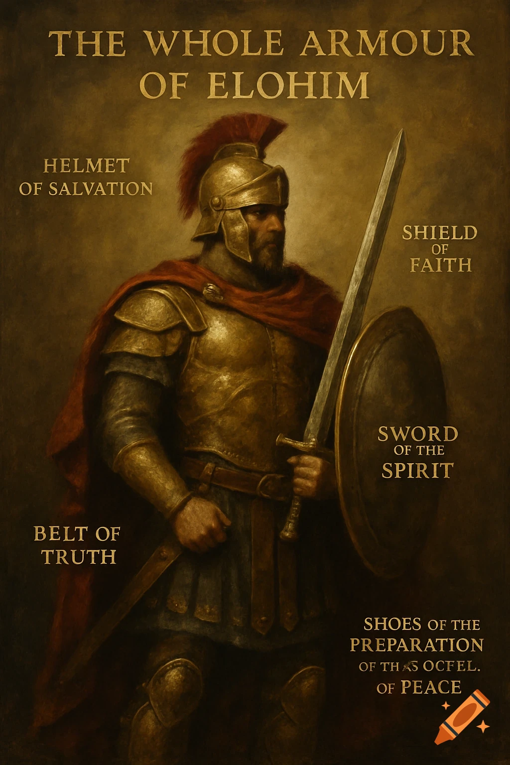 Painting of a warrior in golden armor holding a sword and shield, with ...